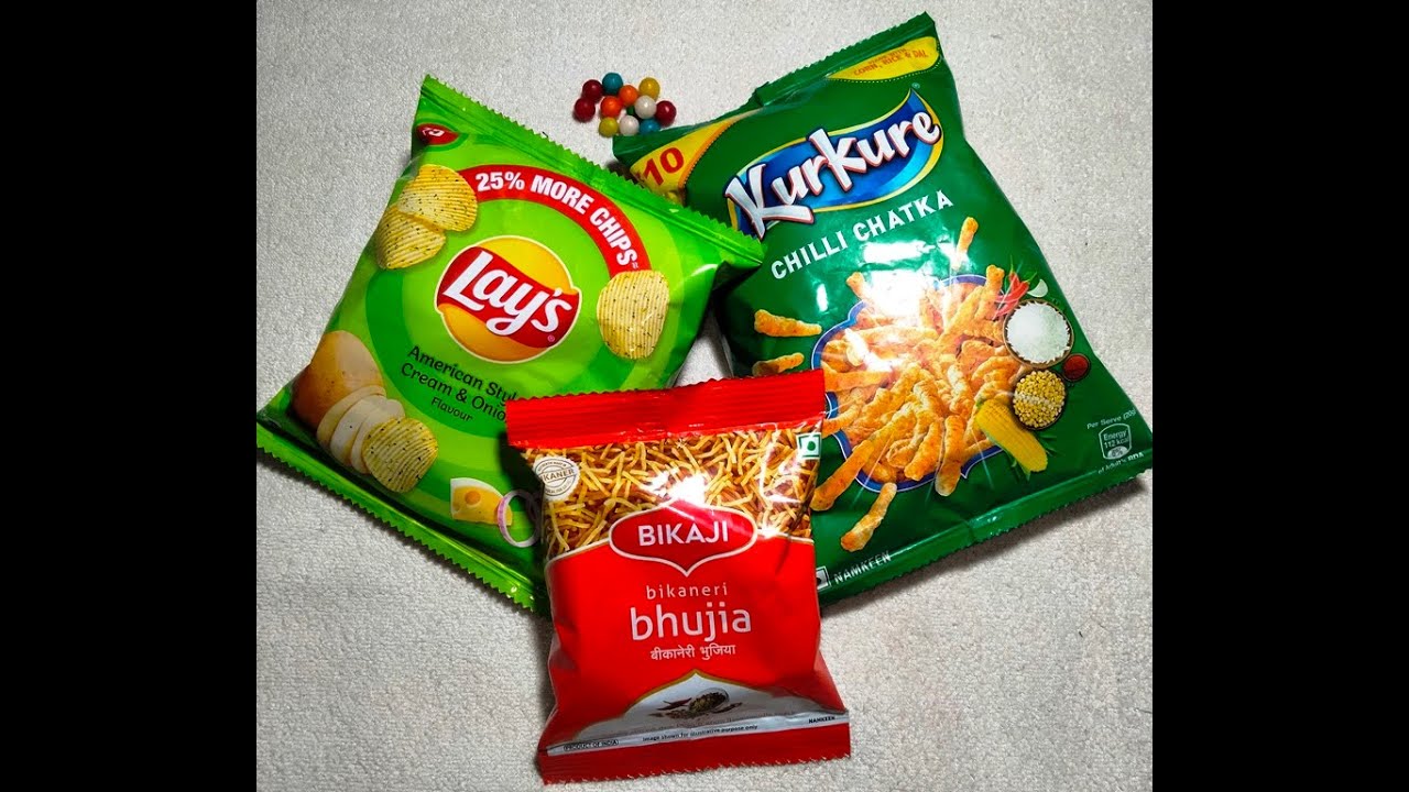 satisfying lays chips l haldi ram bhujiya and green kurkure chilli ...