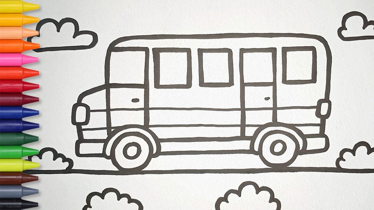 How to Draw Cute Bus and Coloring Page with Crayons | Drawing and ...