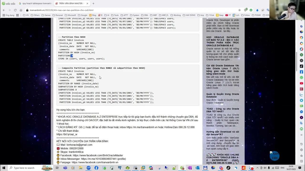Buổi 07 - 7.Khi nào tạo partition, thực hành | Trần Văn Bình Oracle Database Master - YouTube