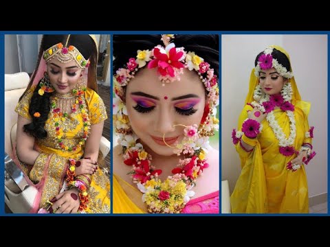 bridal haldi look. bridal makeup haldi look. flower jewellery bride ...