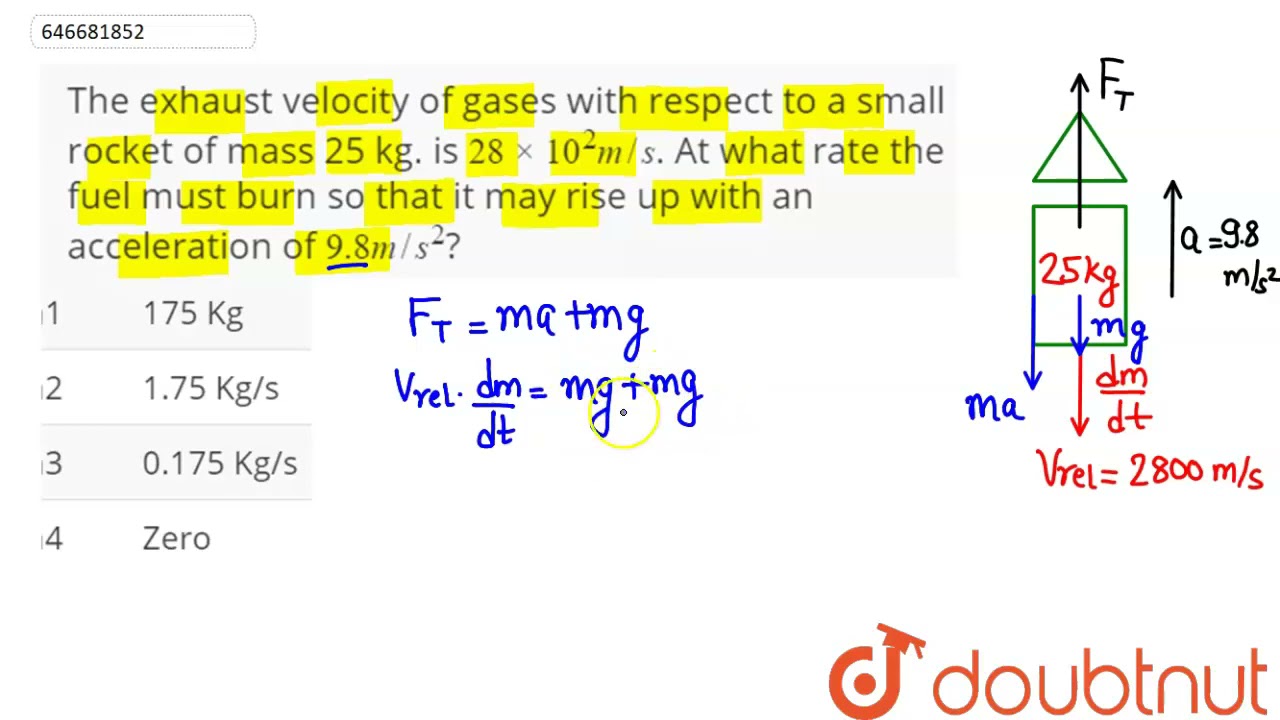 The exhaust velocity of gases with respect to a small rocket of mass 25 ...
