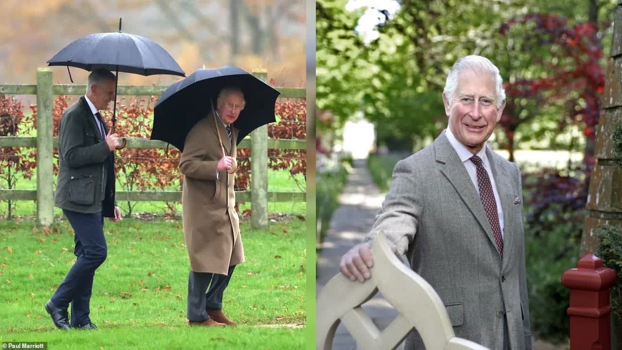 King Charles shields himself from the rain with an umbrella as he ...