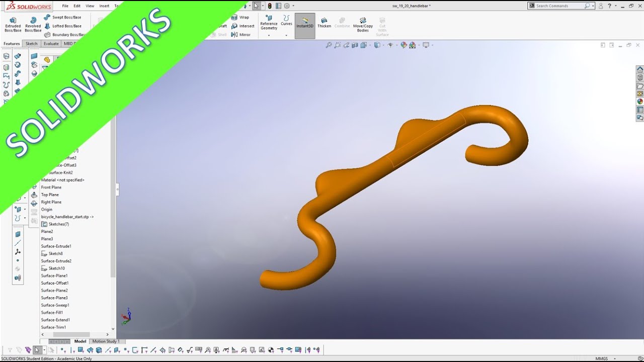 Bicycle Handlebar V2 - SolidWorks 2019 / 20 Training - Surfaces - YouTube