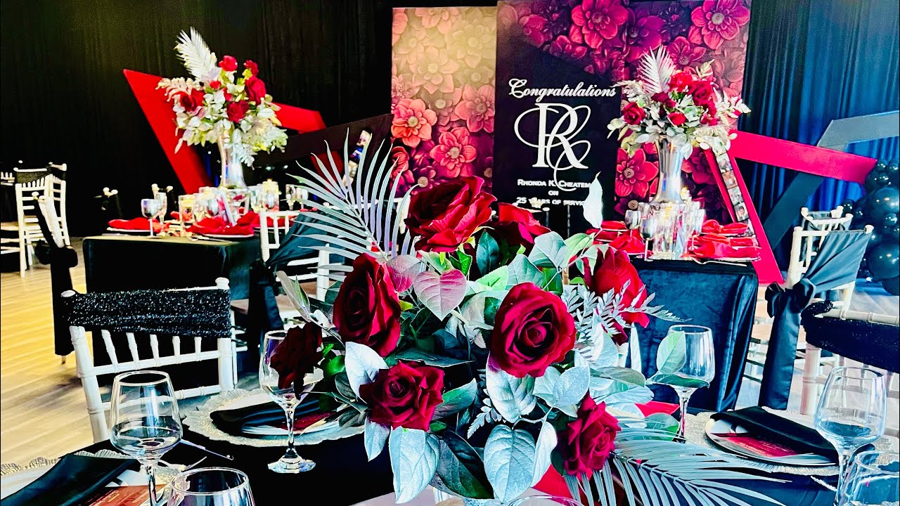 Retirement decor red and black silver accent - YouTube