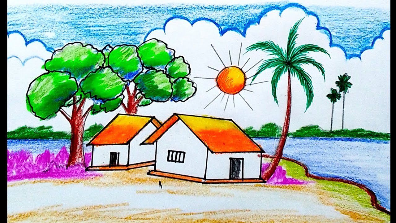 How to draw village scenery step by step// Easy village drawing for ...