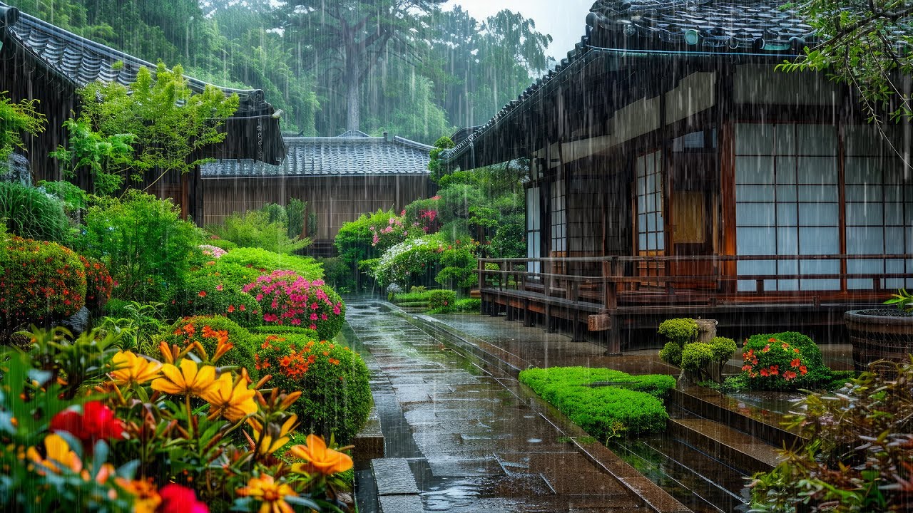 Enjoying Endless Rain in Japanese Zen Garden 🌧️ Feel Relaxing Rain for ...