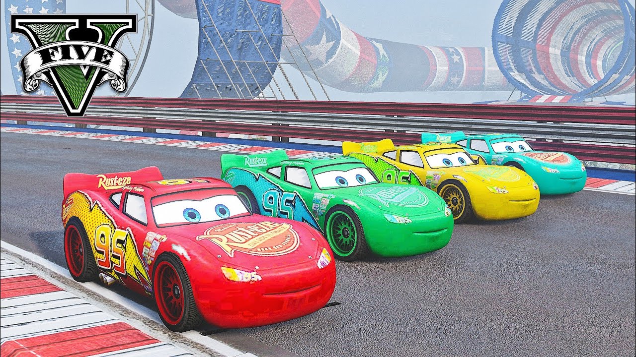 GTA 5 Different colored Lightning McQueen Cars Cunning Stunts Race ...