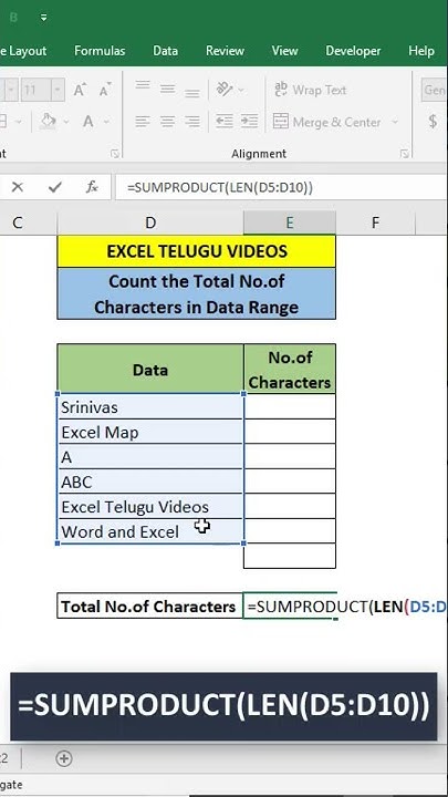 How to Count Total Number of Characters in Data Range | MS Excel in Telugu - YouTube