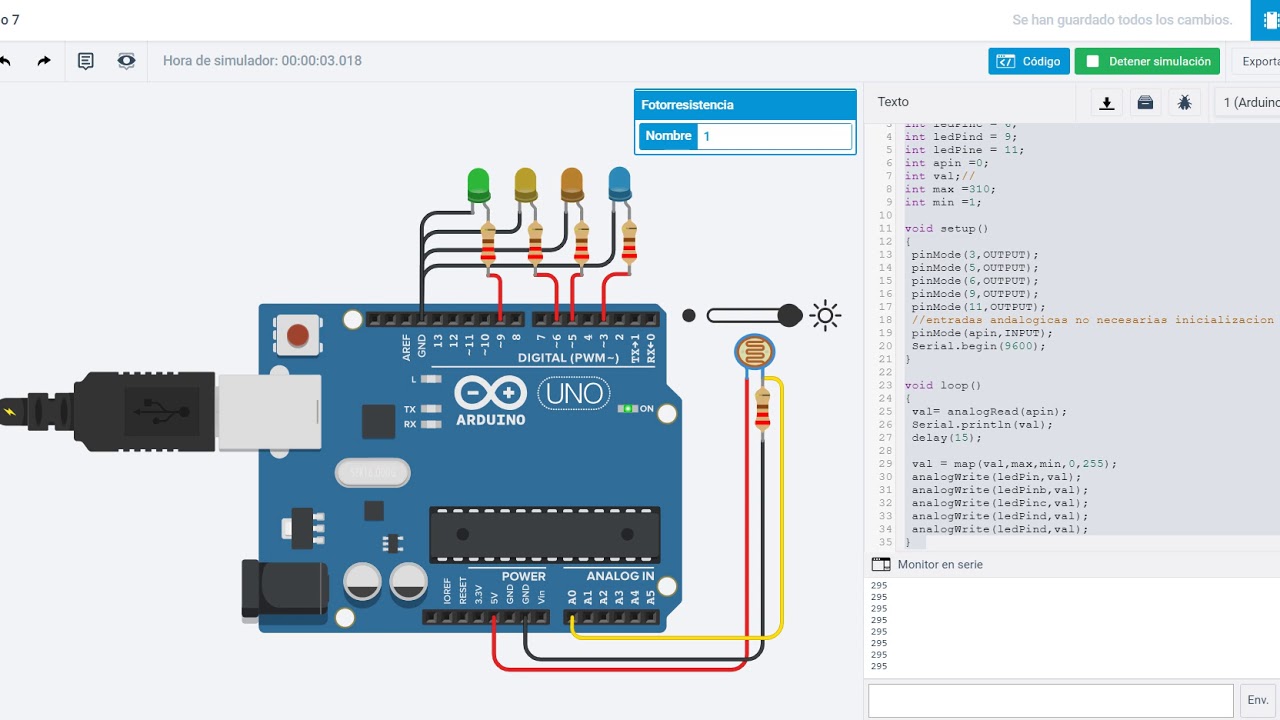 Tinckercad Arduino intensidad controlada mediante Fotorresistencia Funcion Map. - YouTube