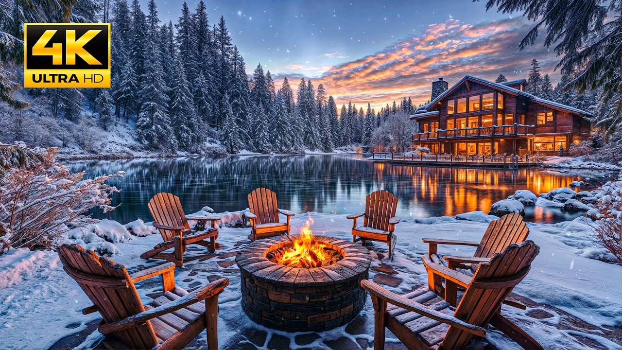 4K Serene Snowy Winter Ambience: Cozy Crackle Fire Pit, Soothing ...