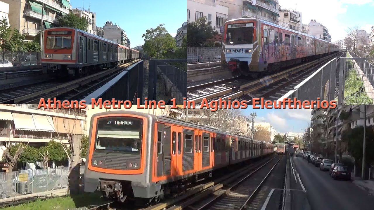 EMU trains of Athens Subway Line 1 passing before and after Aghios Eleuftherios station - YouTube