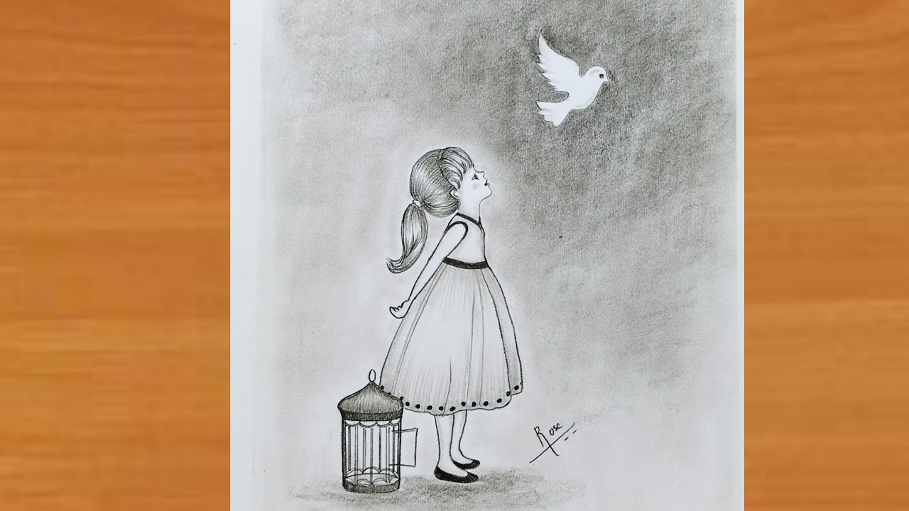 How to draw a cute girl with Bird| Girl with cage| Easy step by step ...