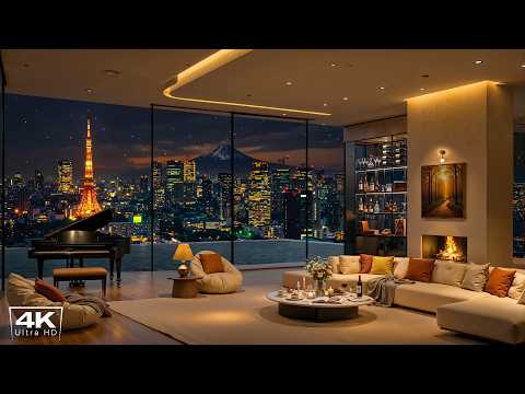 Tokyo Night Chill 🌆 Cozy Apartment Ambience with Soothing Jazz & Fireplace Sounds for Stress Relief