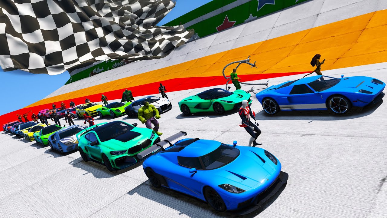 GTA 5: Epic Long Ramp Drag Race! Superheroes, 2 Teams, 18 Racers! - YouTube