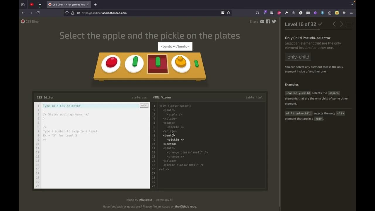 08(b) - Practicing CSS Selectors - CSS Diner Solution level 12 to 22 - Solved - YouTube