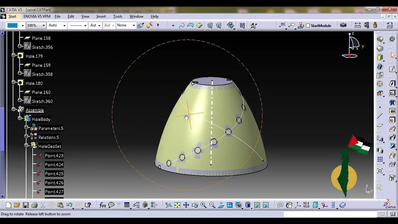 CATIA Automation: VBA vs EKL: multiple holes along a curve and normal to a surface - YouTube