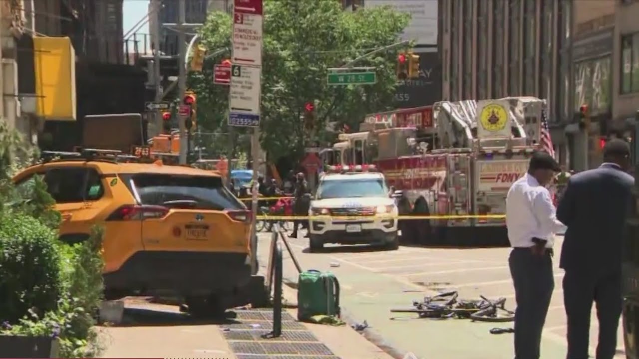 NYC taxi jumps curb, crashing into and injuring six people | Rush Hour ...