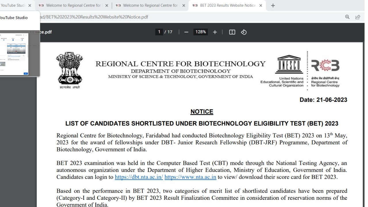 DBT BET 2023 RESULT IS OUT | DBT JRF 2023 RESULT - YouTube