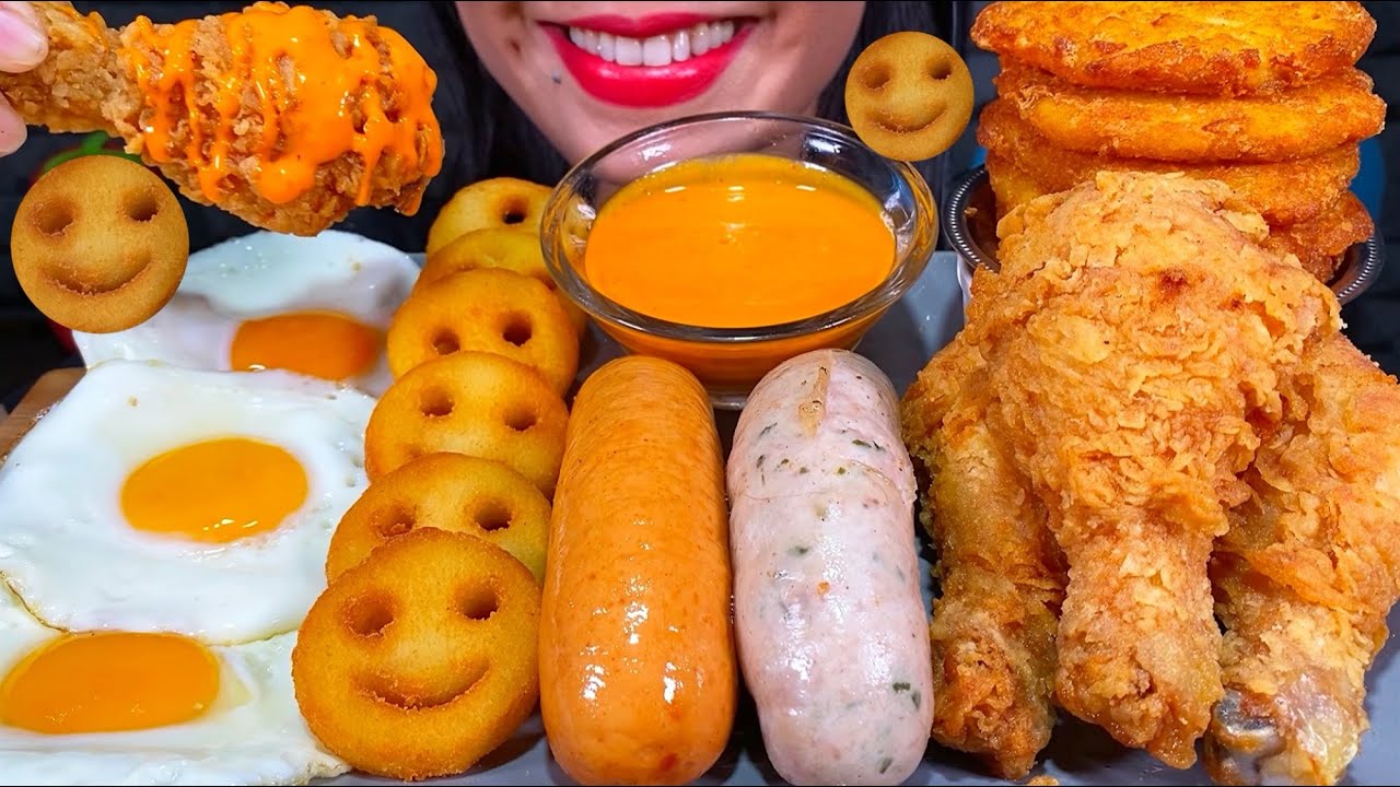 ASMR FRIED CHICKEN, SAUSAGES, SMILEY FRIES, HASH BROWN, EGGS MUKBANG ...