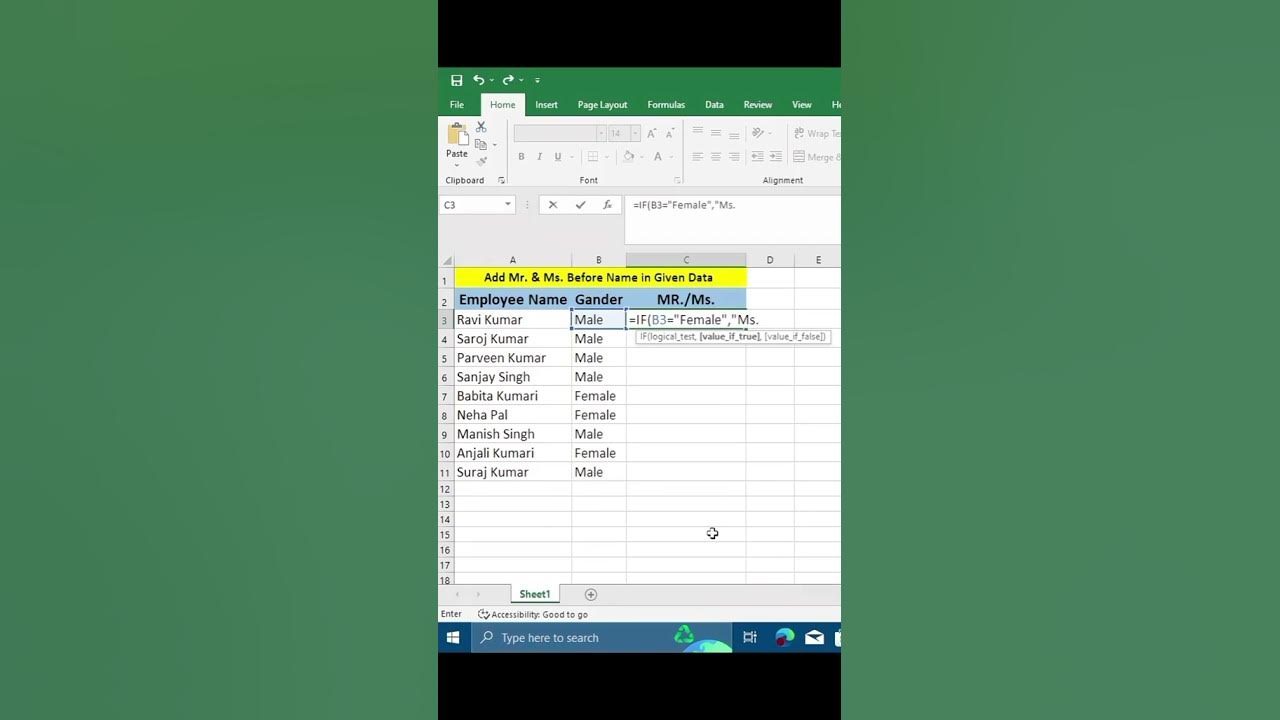 Gender formula in ms excel #excel #gender #formula - YouTube