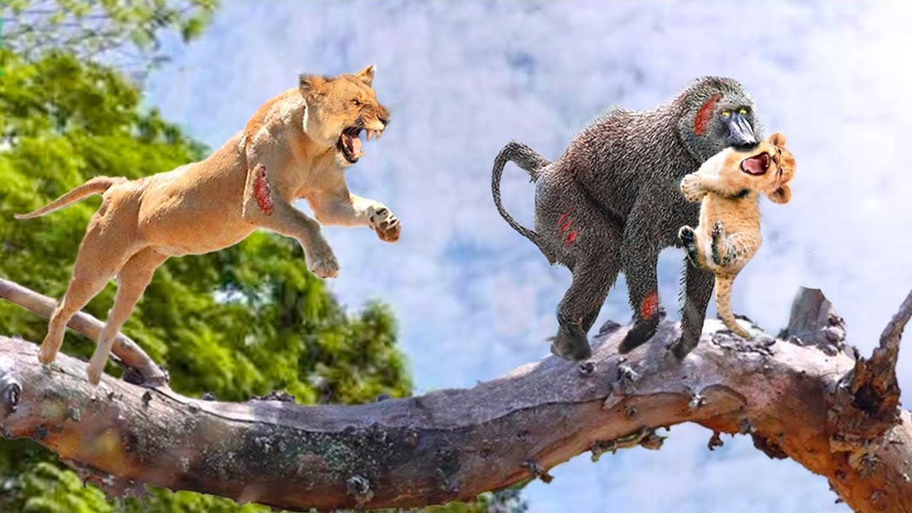 Scary! The Moment the Baboon Caught a Lion Baby| Mother Lion Angry ...
