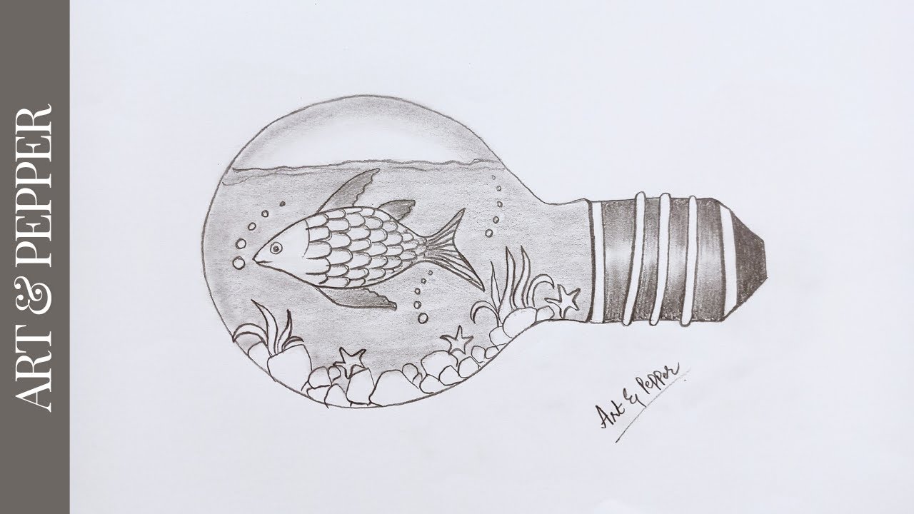 Creative Bulb Drawing With Fish In Water 🐟 | Easy Pencil Sketch Ideas ...