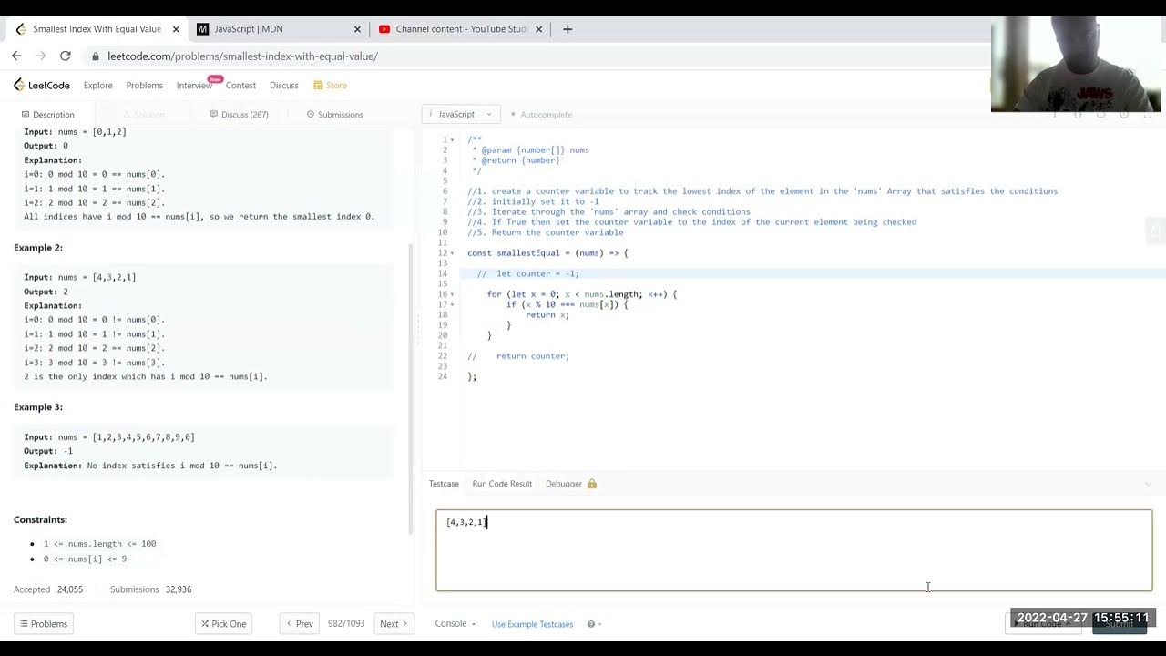 2057. Smallest Index With Equal Value - Javascript - Time: O(n) Space: O(1) - Leetcode - YouTube