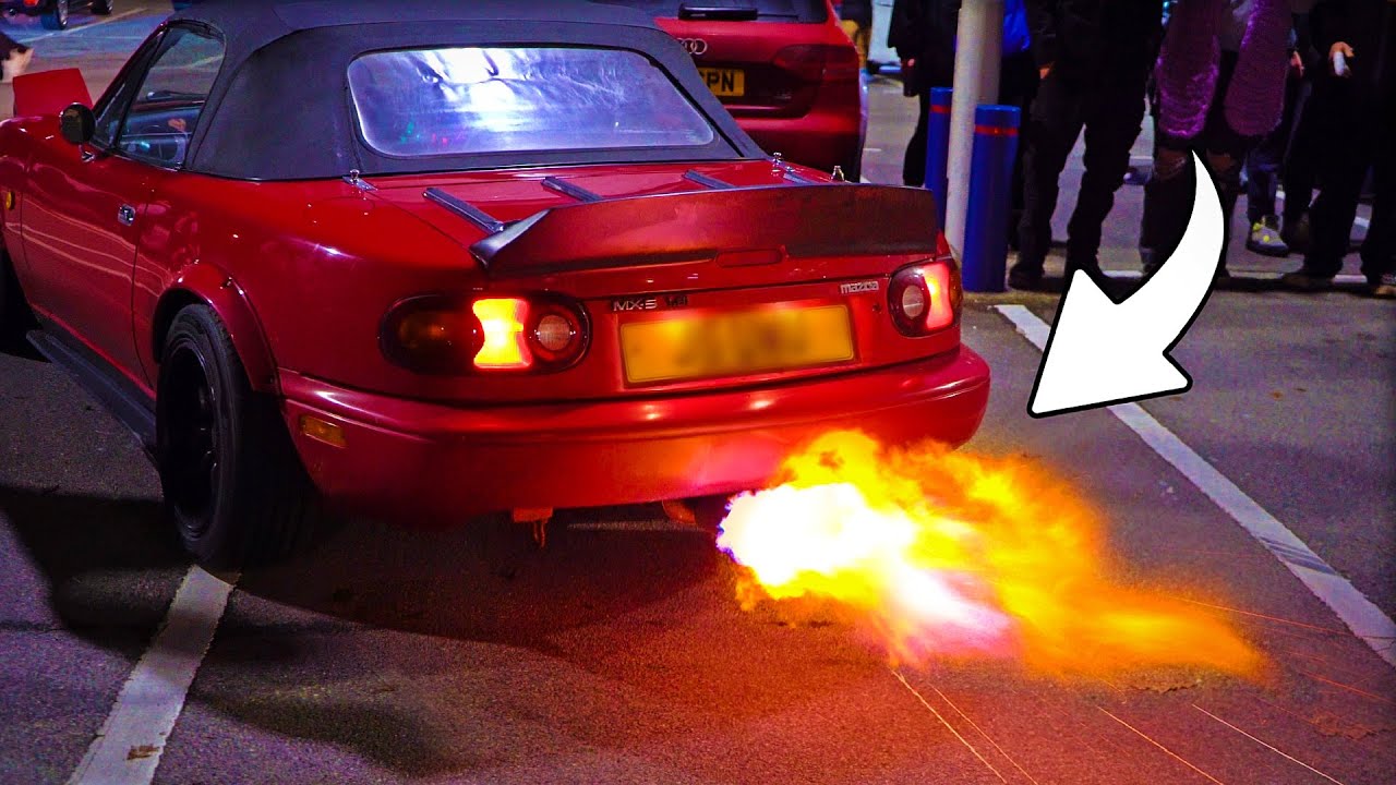 MX5 SHOOTS Mad Flames At Modified Car Meet! - Modified Cars Leaving a ...