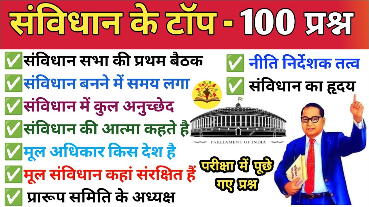 संविधान के महत्त्वपूर्ण 100 प्रश्न | Samvidhan Important Question In ...
