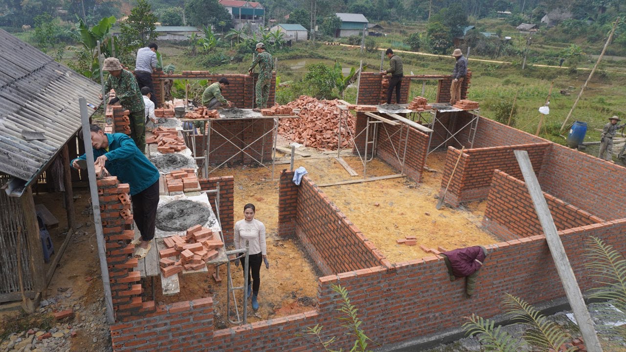 Help poor old man build new house - 30 day brick wall building process ...