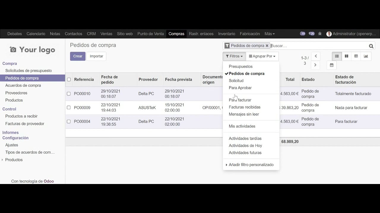 Odoo Filtros Modulo de Compras: Pedidos para Facturar. - YouTube