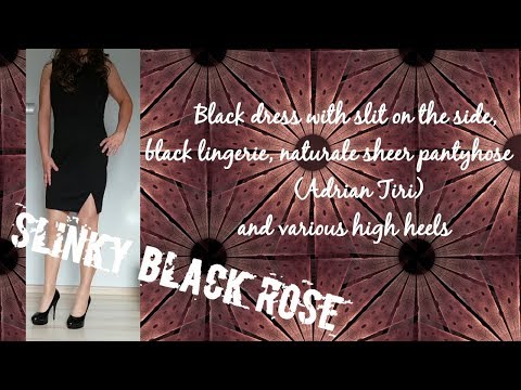 Black dress with slit on the side, naturale sheer pantyhose, black lingerie, (crossdresser)
