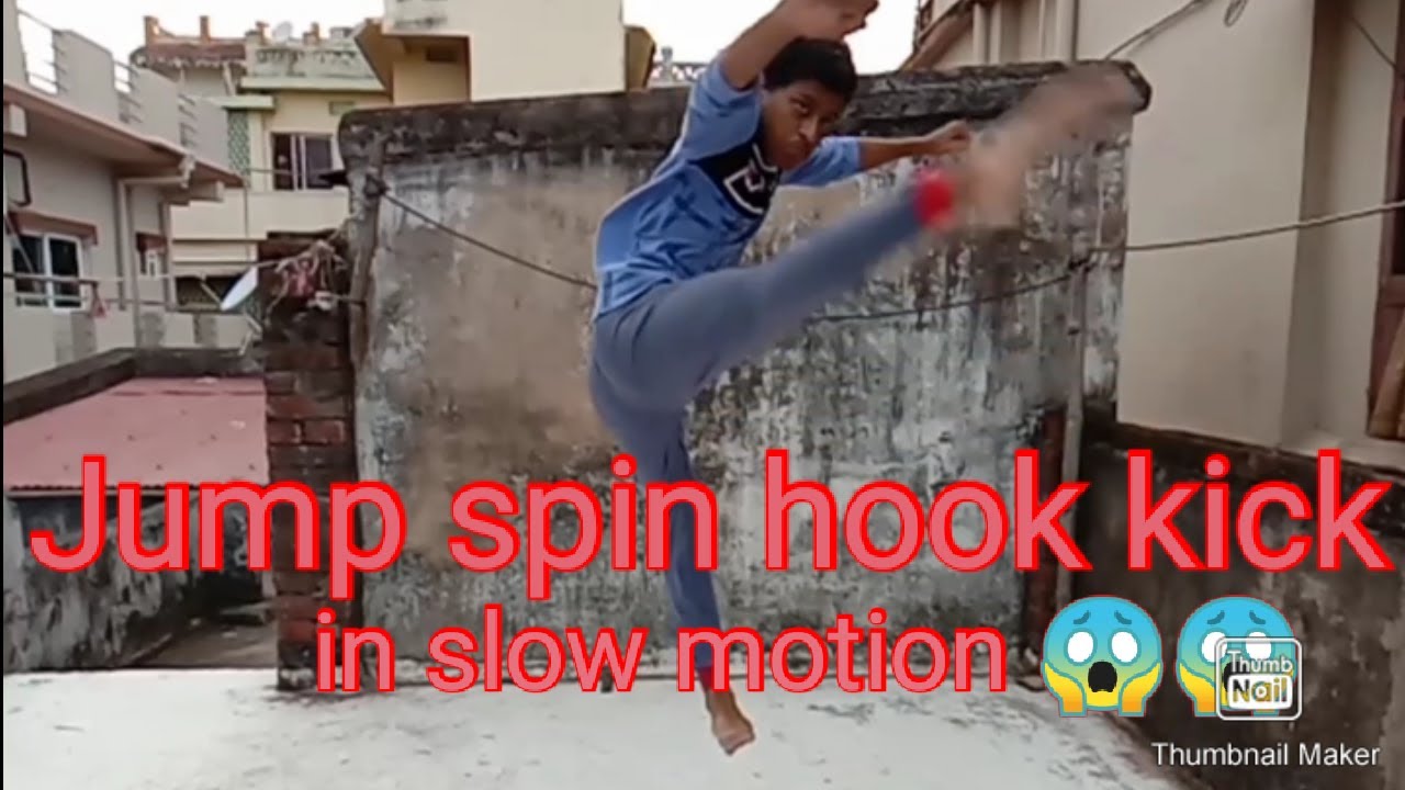 Jump spin hook kick in slow motion - YouTube