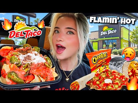 Eating NEW Flamin' Hot Cheetos QUESO Menu At Del Taco!!