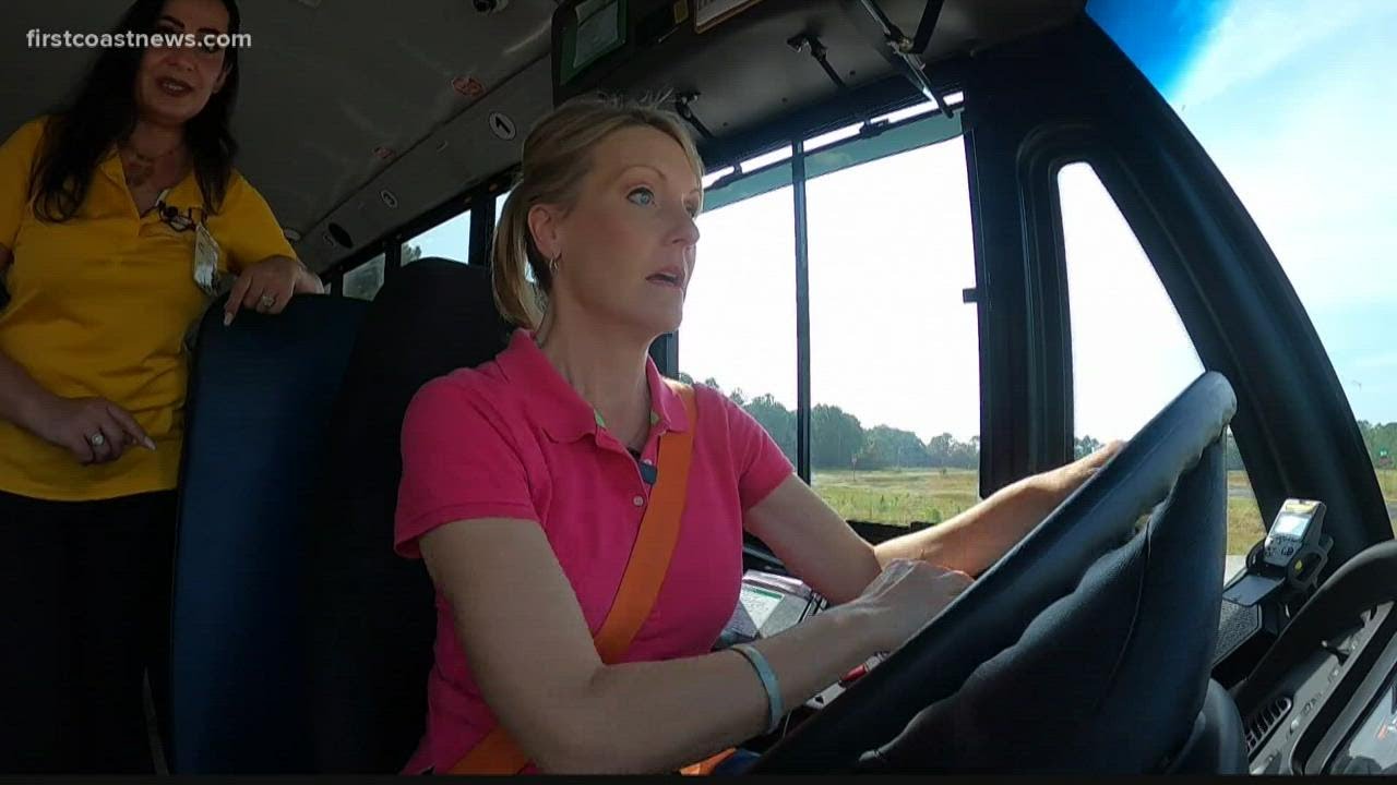 WATCH: Jessica Clark learns how to drive a school bus - YouTube