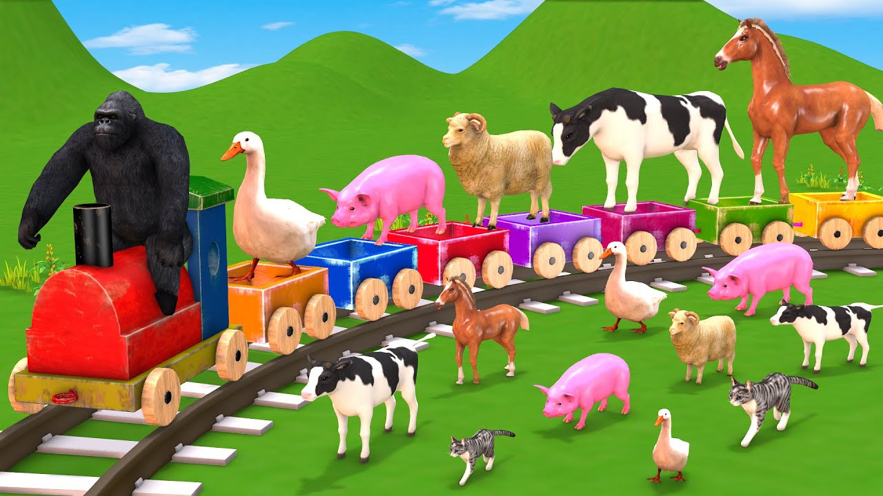Animals Transported on Funny Monkey Toy Train : Duck Cartoon, Cow ...