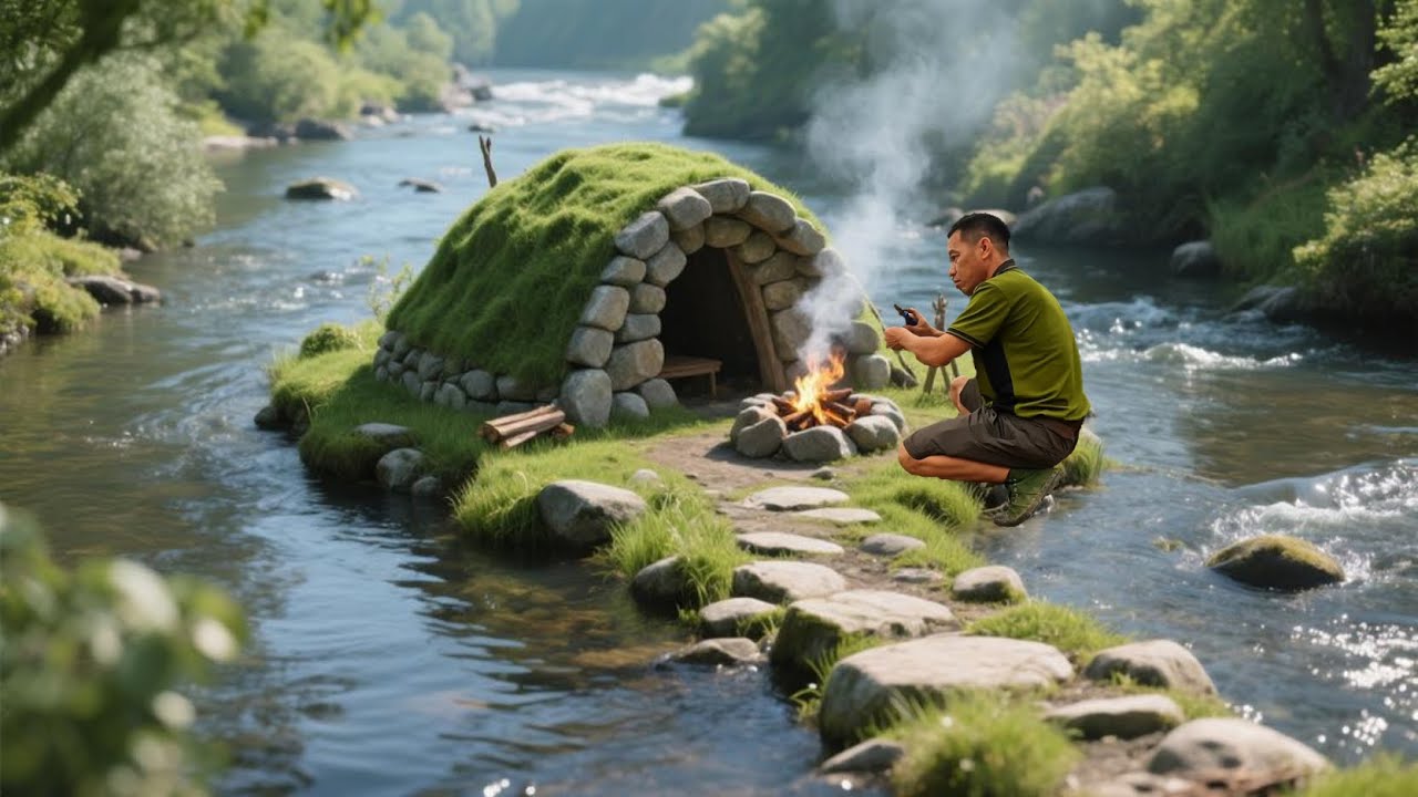 Building a River Shelter | Stunning Stone Arch & Green Grass Roof - YouTube