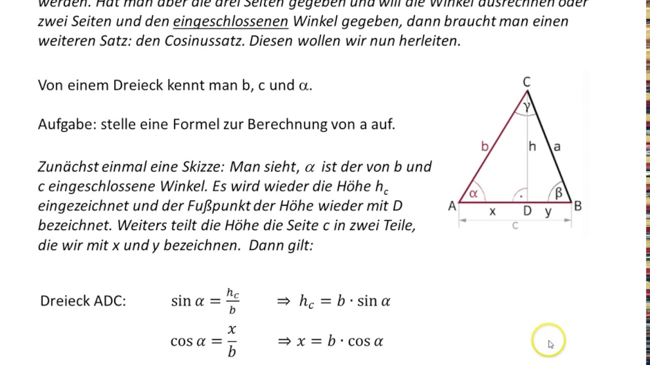 Der Cosinussatz: Herleitung und einfache Anwendungen - YouTube
