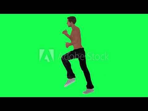 Half naked skinny man on green screen running from low to high speed from back angle leaning to