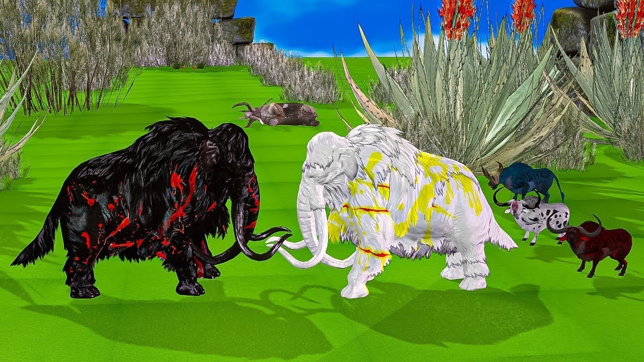 evil black mammoth elephant vs 3 buffalo fight saves white mammoth ...
