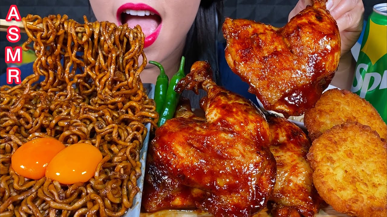 ASMR BBQ CHICKEN, BLACK BEAN NOODLES, EGGS, HASH BROWN 먹방 MUKBANG ...