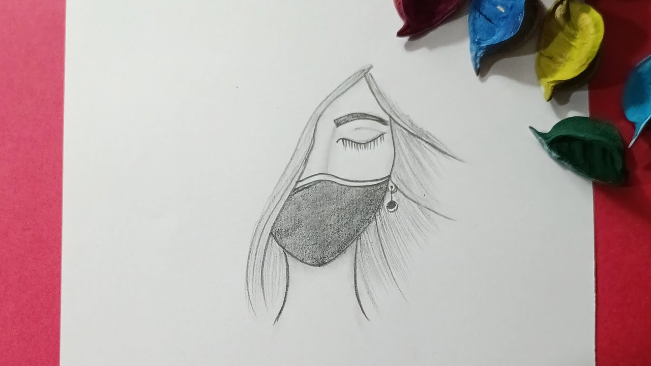 how to draw a girl half face with mask ll easy girl drawing step by ...