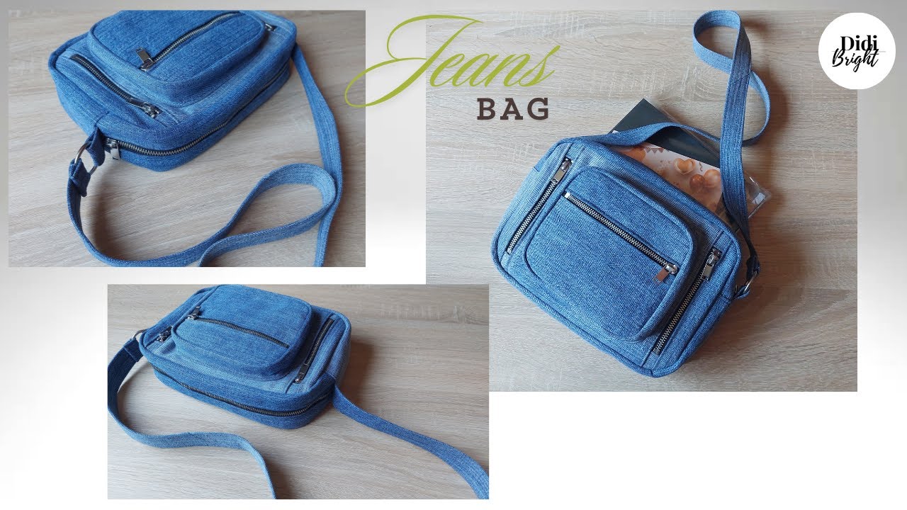 Denim Bag with zipper pockets out of jeans sewing tutorial. How to make ...