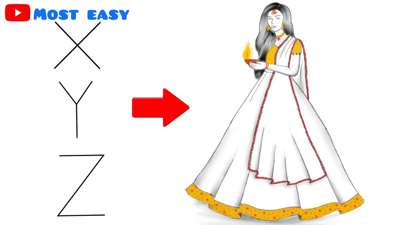 How to draw a beautiful traditional girl with Diya Step by Sketch ...