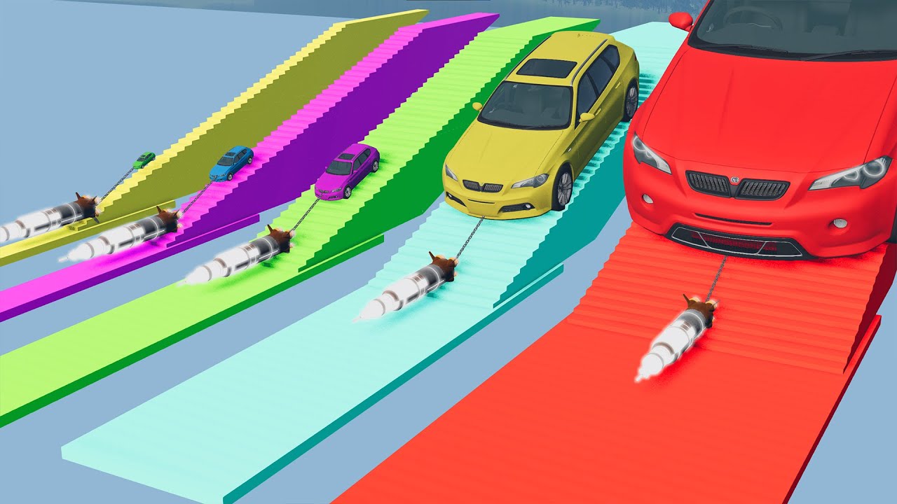 Small to Big Cars vs Stair Colors with Rocket & Portal Trap Cars vs ...