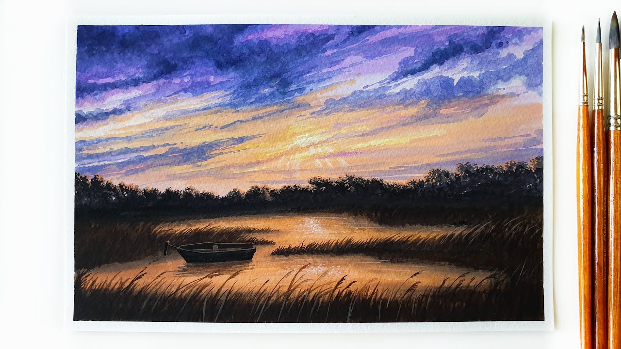 Sunset Landscape Painting with Gouache ｜ Sunset Sky - YouTube