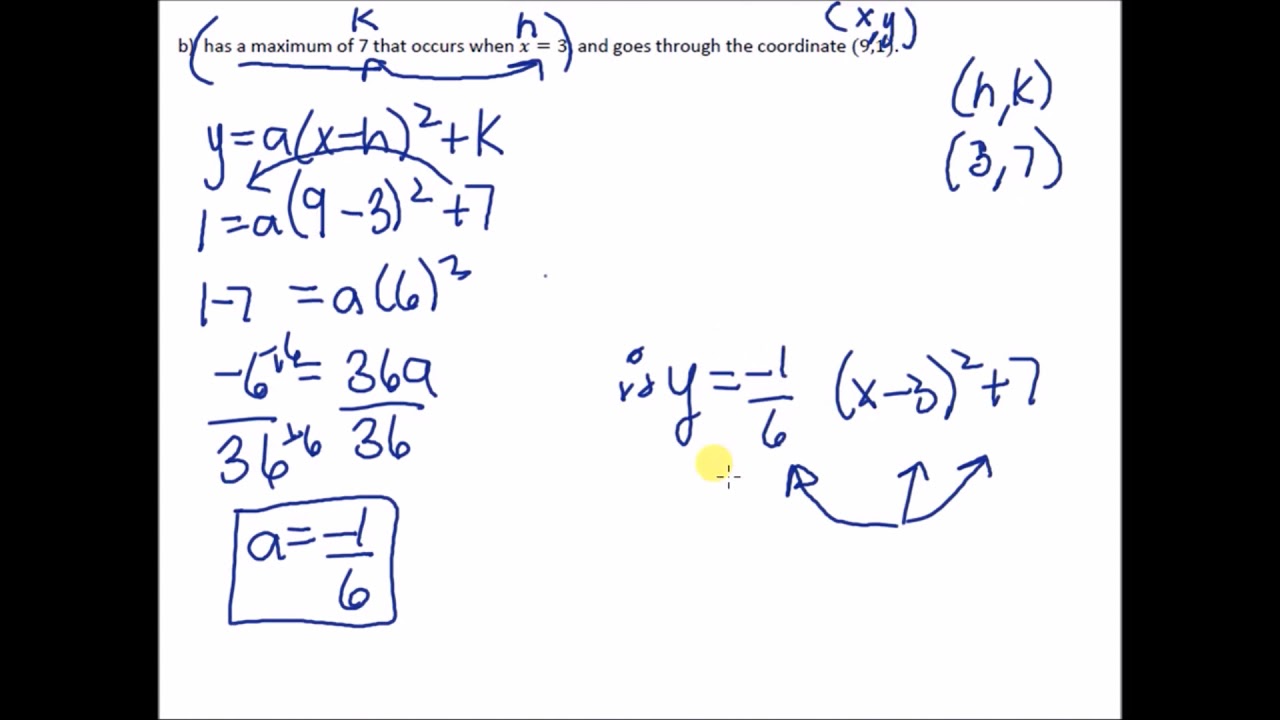 MPM2D 4.4 Part 2 Working with the Vertex Form of the Quadratic Equation ...