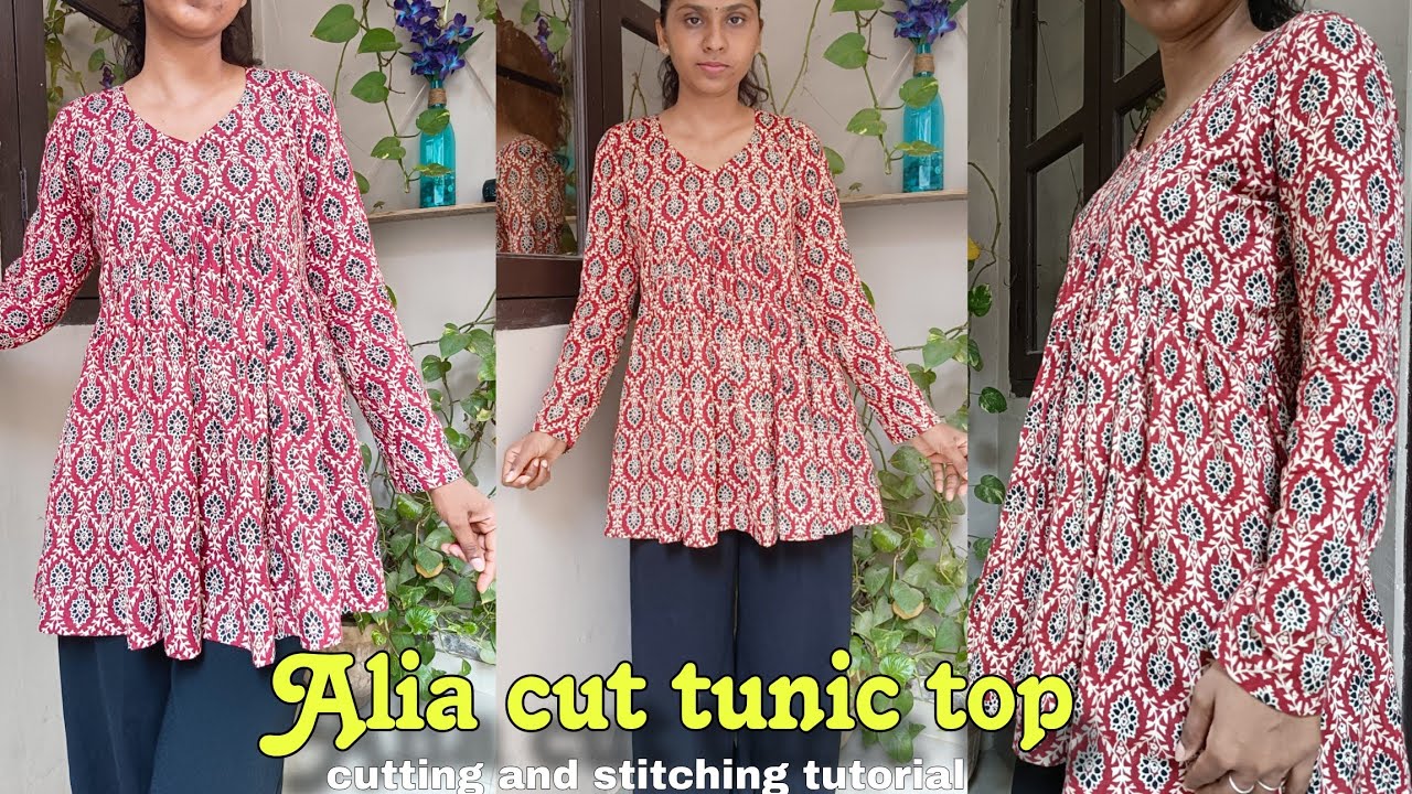 Alia cut tunic top cutting and stitching/ Short kurti style - YouTube