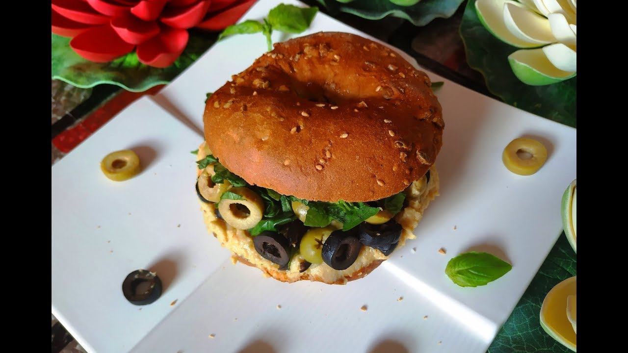 Bagel Sandwich | Hummus & Bagel Sandwich | Hummus Recipe | Cafe style ...
