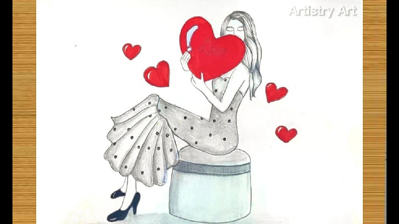 A Girl Holding Heart ️ - step by step drawing || How to draw a girl who ...